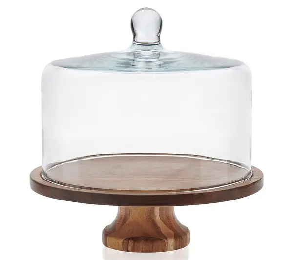 LIBBEY Acacia Wood Footed Cake Stand With Glass Dome - One-color
