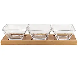 BADASH CRYSTAL Hostess Set 4-pc With 3 Glass Condiment On A Wood Tray - One-color