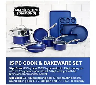 GRANITESTONE Blue 15 Piece Nonstick Cookware An D Bakeware Set