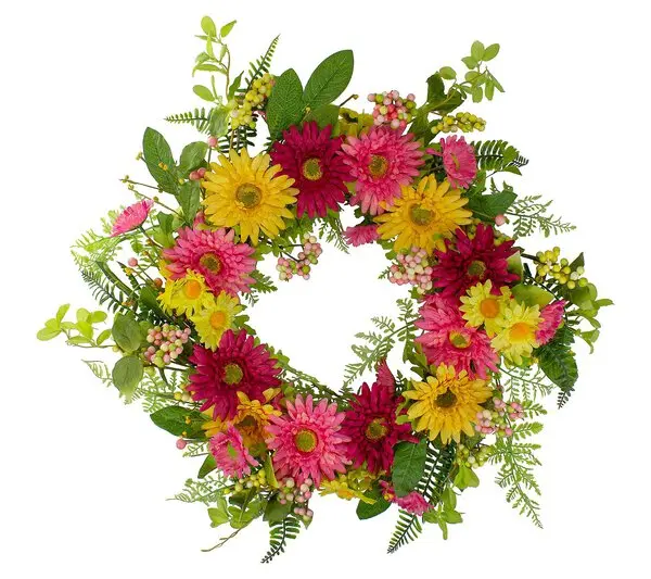 NORTHLIGHT Chrysanthemum And Daisy Floral Spring Wreath P Ink And Yellow - One-color