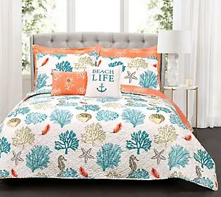 LUSH DECOR Coastal Reef Blue/coral 7-piece King Quilt Set Y - One-color