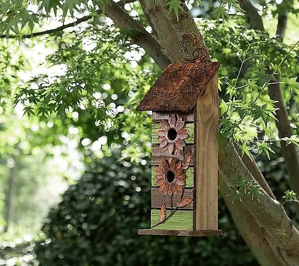 GLITZHOME Two-tiered Wood Lawn Garden Birdhouse With Flowers - One-color