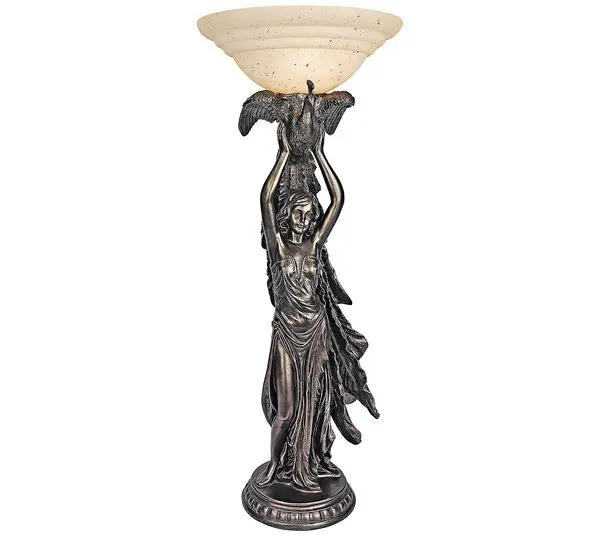 DESIGN TOSCANO Peacock Goddess Torchiere Lamp W Ith Glass Shade