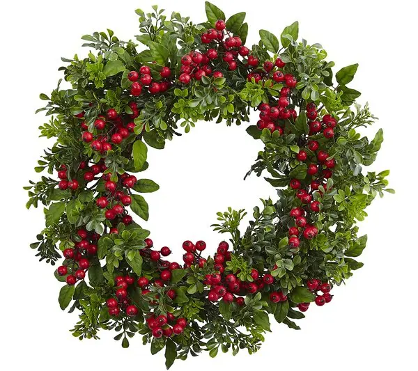NEARLY NATURAL 24' Berry Boxwood Wreath By - One-color