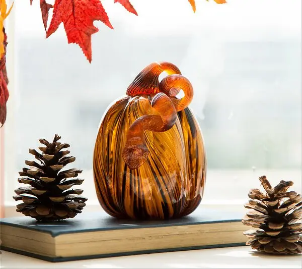 GLITZHOME Striped Glass Indoor Decorative Fall Umpkin W/ Stem