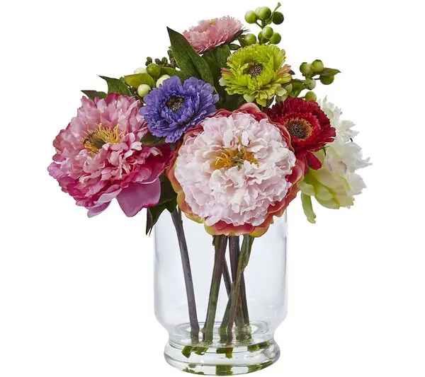 NEARLY NATURAL Peony And Mum In Glass Vase By - One-color