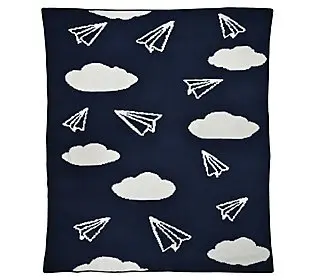 LUSH DECOR Hello Spud Navy Paper Airplanes Chenille Baby Blanket - One-color