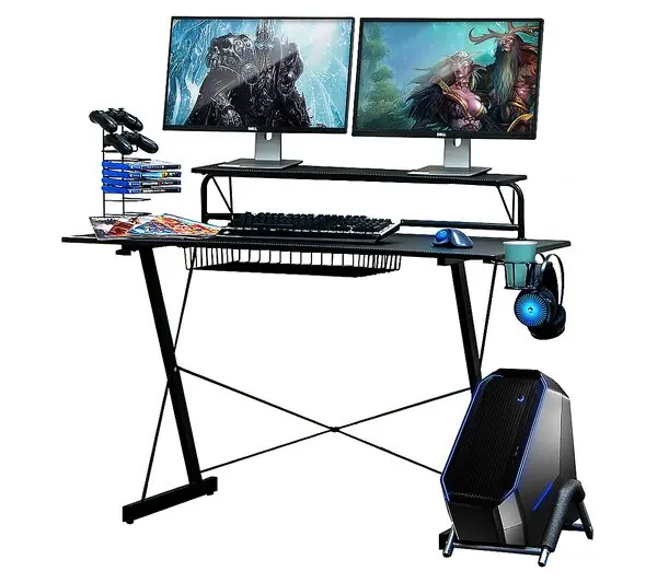 TECHNI SPORT Carbon Gaming Desk With Shelves