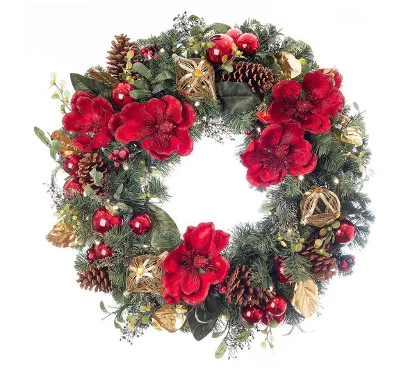 VILLAGE LIGHTING CO. Village Lighting 30' Prelit Led Wreath Red Ma Gnolia - One-color