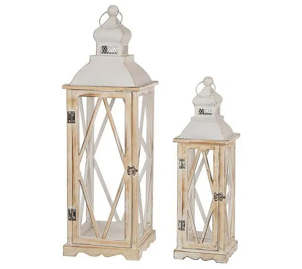 GLITZHOME Farmhouse White Wood/metal Lanterns, Et Of 2 - One-color