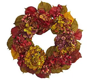 NEARLY NATURAL 24' Fall Hydrangea Wreath By - One-color