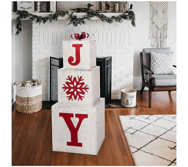 GLITZHOME Christmas Holiday Stacking Joy Wooden Block Statue