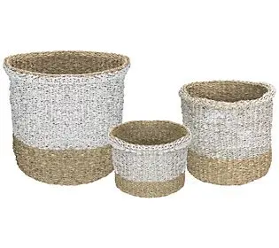 NORTHLIGHT Set Of 3 Beige & White Round Table & Floor Baskets - One-color