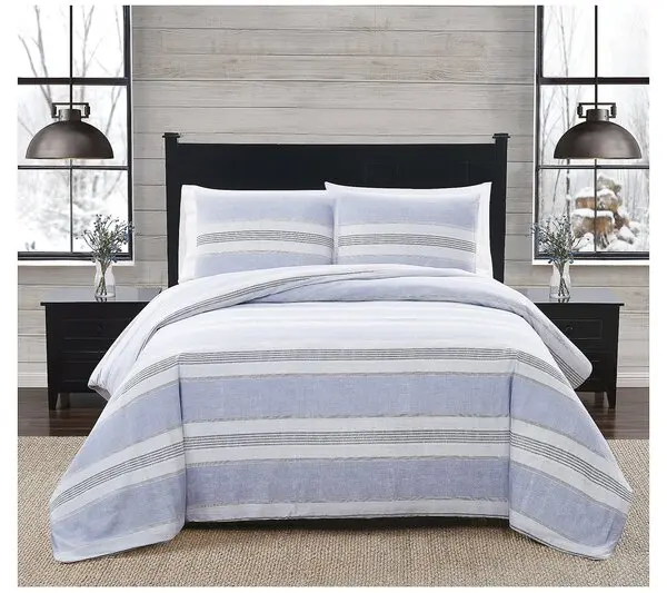 London Fog Blue Stripe Full/queen 3 Pc Flannel Omforter Set - One-color