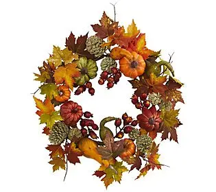 NEARLY NATURAL 24' Pumpkin And Gourd Wreath By - One-color
