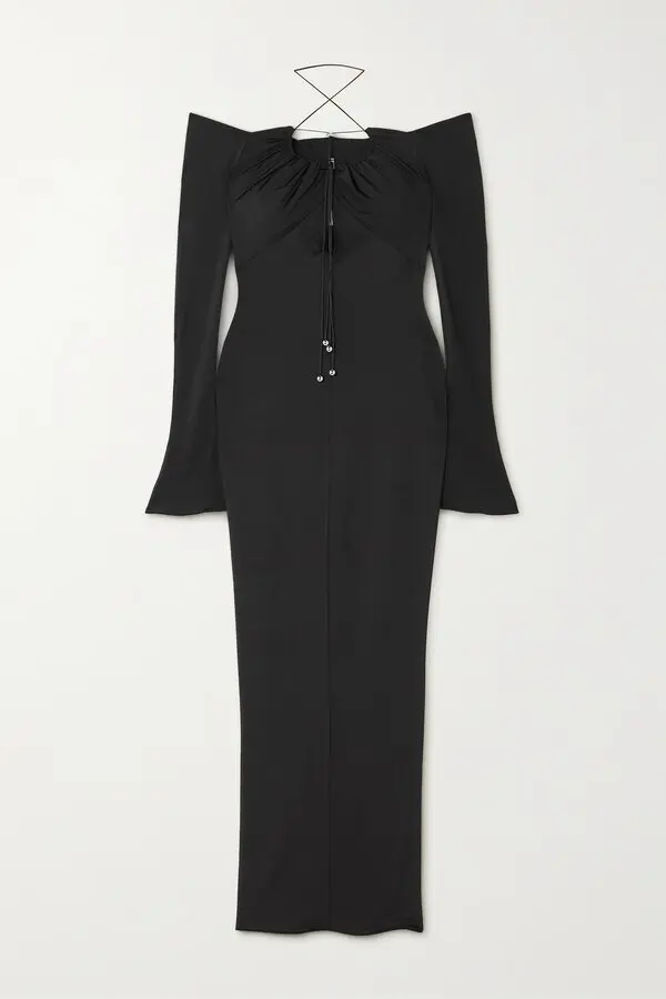 16Arlington Salm Off-the-shoulder Stretch-jersey Maxi Dress With Tassels - Black