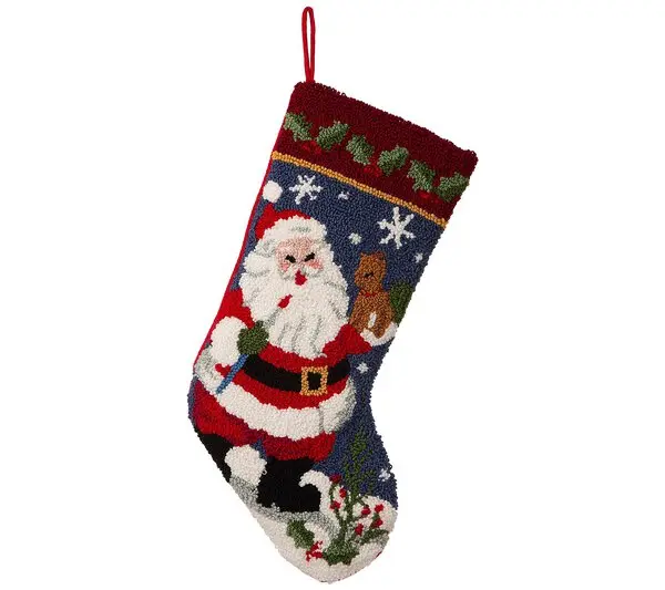 GLITZHOME Santa On His Way Hooked Fabric Christ Mas Stocking - One-color