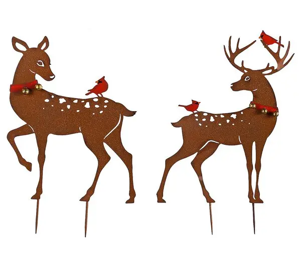 EVERGREEN Deer & Cardinals & Jingle Bells Garde N Stake, S/2 - One-color