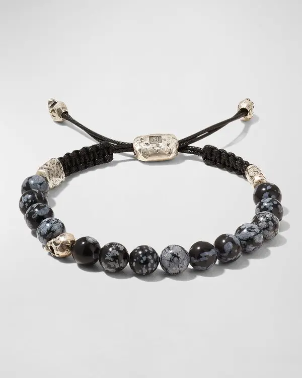 John Varvatos Skull Beaded Obsidian Bolo Bracelet - Silver