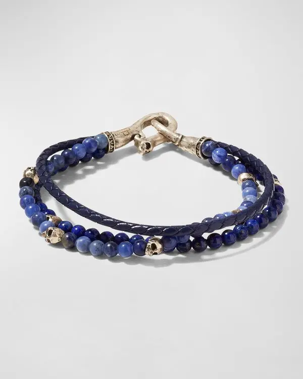 John Varvatos Leather And Lapis Lazuli Beaded Bracelet - Silver