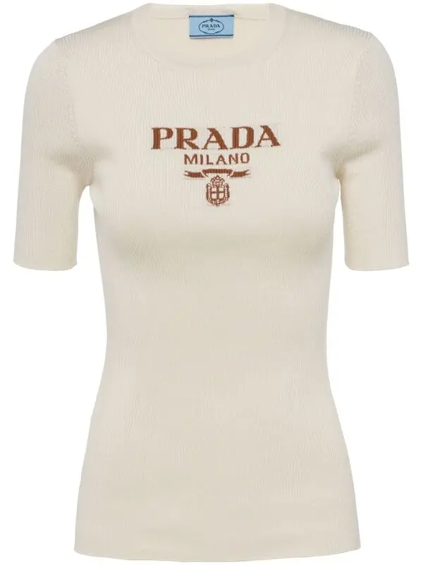 Prada Logo-intarsia Silk Jumper - Neutrals