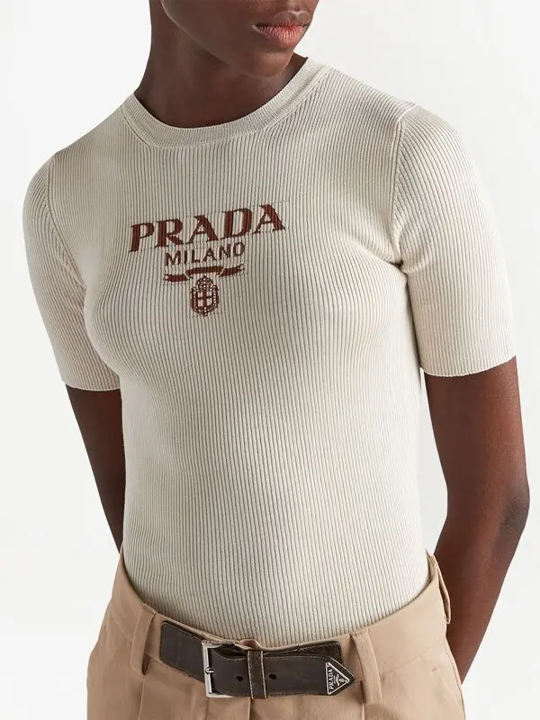 Prada Logo-intarsia Silk Jumper - Neutrals
