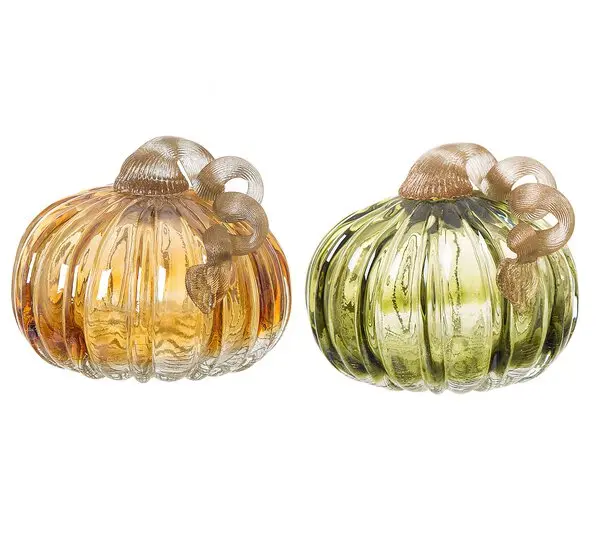 GLITZHOME Crackle Glass Harvest Halloween Short Pumpkins S/2 - One-color