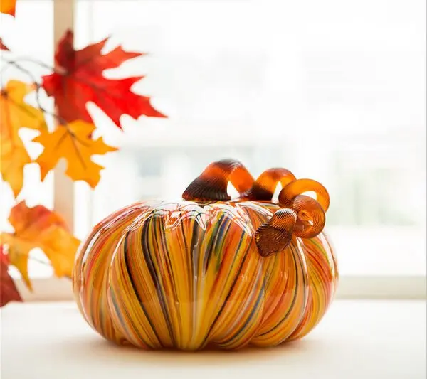 GLITZHOME Multi-striped Glass Large Indoor Deco Rative Pumpkin