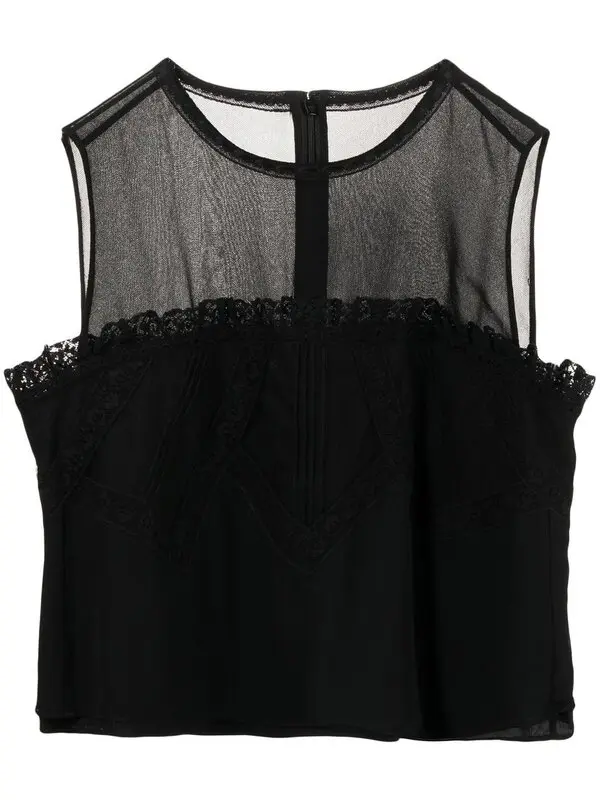 Shiatzy Chen Mulberry Silk Lace Ruffle Detail Sleeveless Blouse