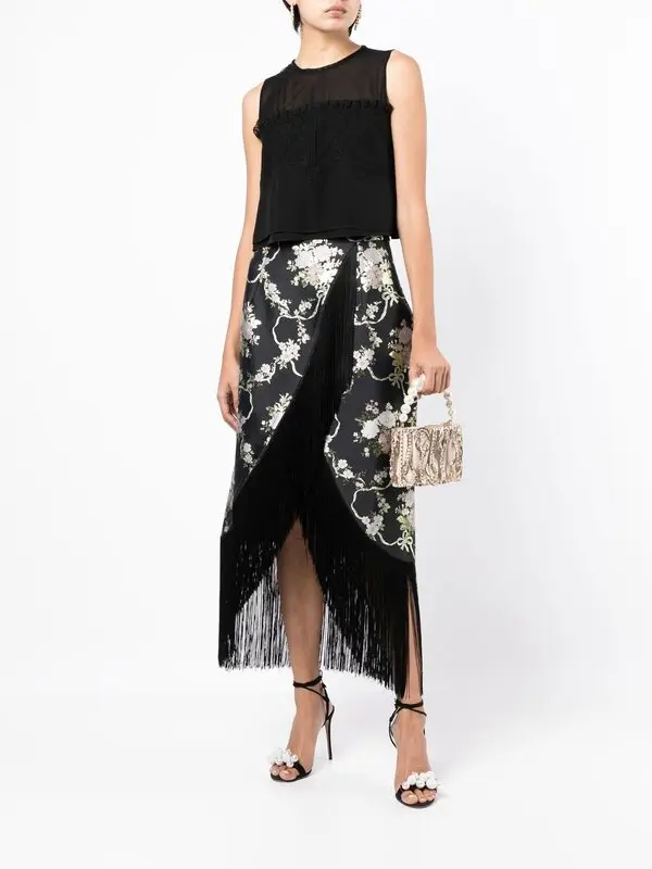 Shiatzy Chen Mulberry Silk Lace Ruffle Detail Sleeveless Blouse