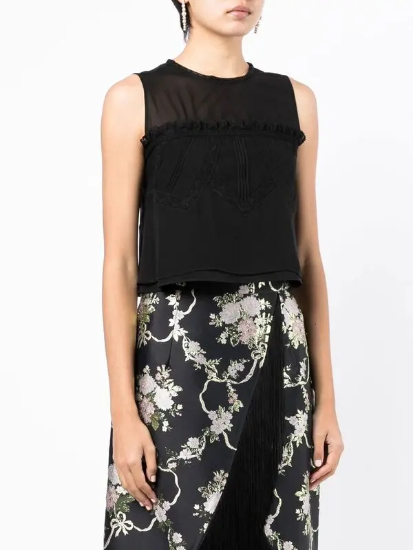 Shiatzy Chen Mulberry Silk Lace Ruffle Detail Sleeveless Blouse