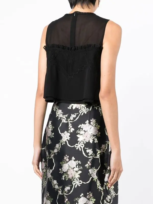 Shiatzy Chen Mulberry Silk Lace Ruffle Detail Sleeveless Blouse