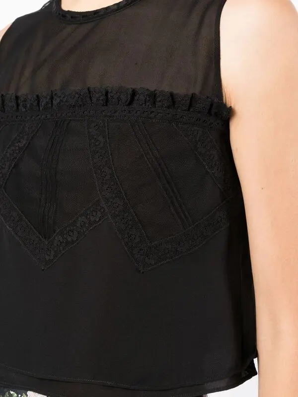 Shiatzy Chen Mulberry Silk Lace Ruffle Detail Sleeveless Blouse