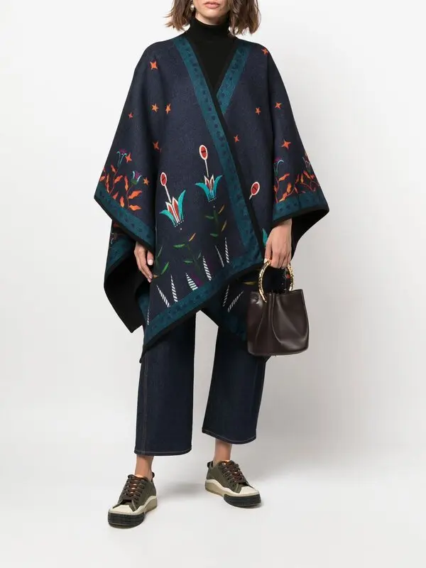 La DoubleJ Graphic-print Wool Poncho - Blue