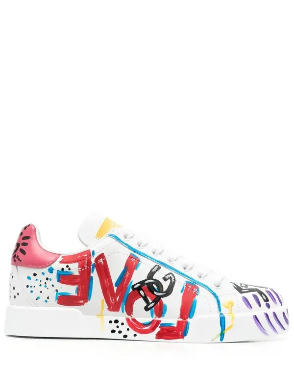 Dolce & Gabbana Portofino Painted Leather Sneakers - White
