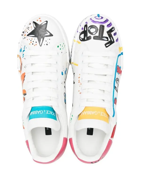 Dolce & Gabbana Portofino Painted Leather Sneakers - White