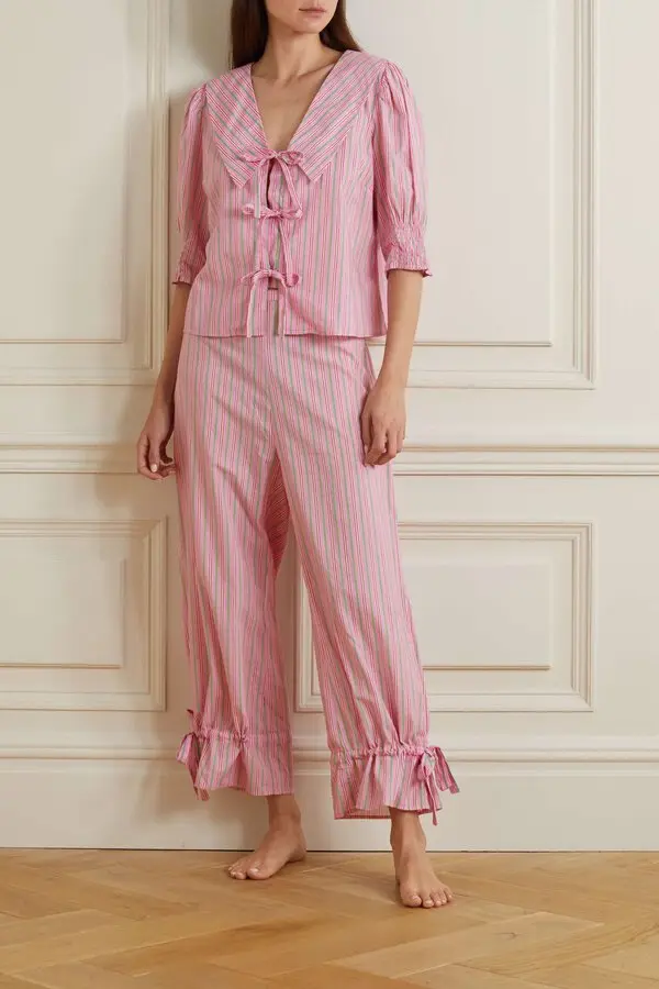 Rixo Odessa Tie-detailed Striped Cotton-poplin Pajama Set
