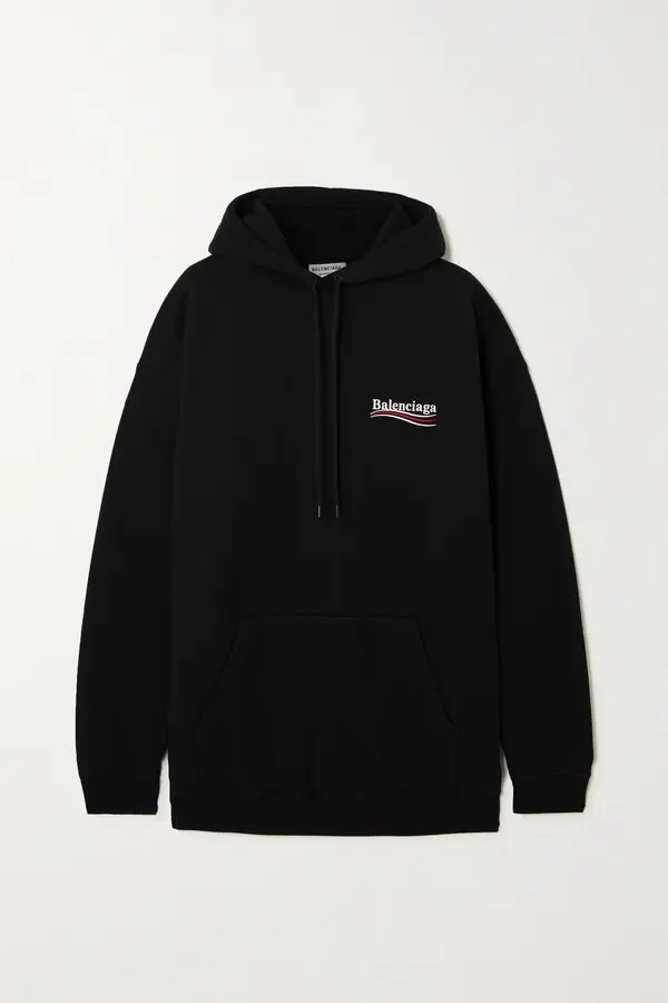 Balenciaga Embroidered Printed Cotton-jersey Hoodie - Black