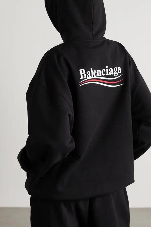Balenciaga Embroidered Printed Cotton-jersey Hoodie - Black