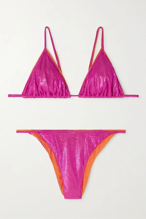Oseree Layered Two-tone Stretch-lamé Bikini