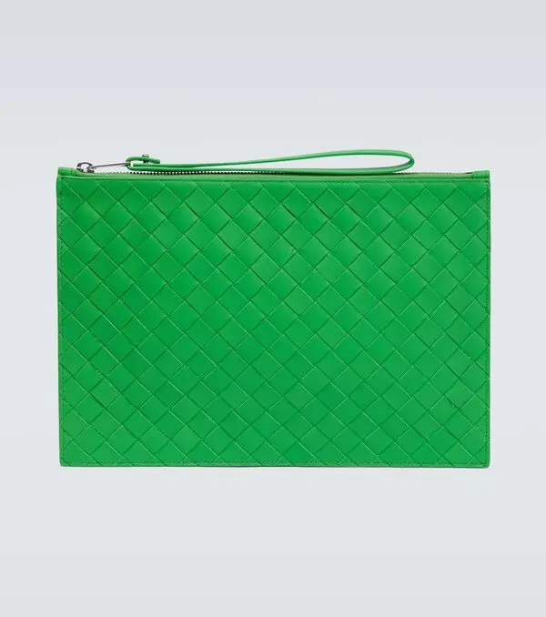 Bottega Veneta Intrecciato Large Leather Pouch - Green