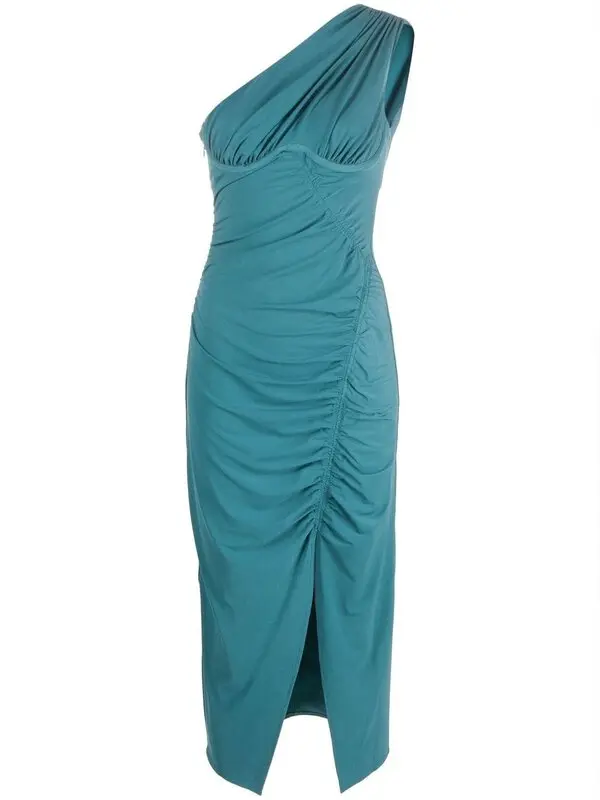 SELF-PORTRAIT Ruched One-shoulder Midi Dress - Blue
