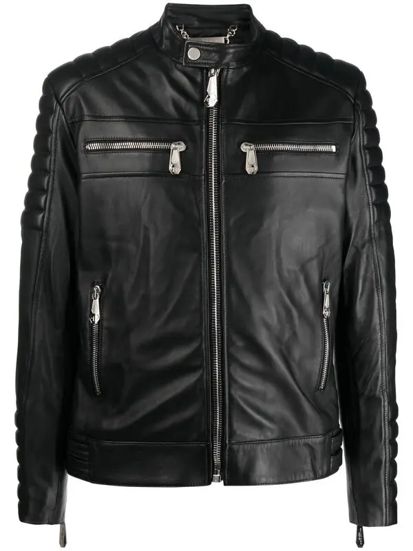 Philipp Plein Long Sleeve Leather Jacket - Black