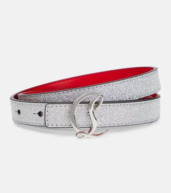 CHRISTIAN LOUBOUTIN Glitter Logo Leather Belt - Silver