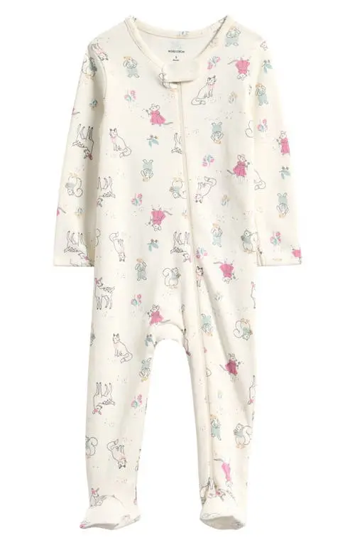 Nordstrom Print Cotton Footie - Ivory Egret Fairytale Critter