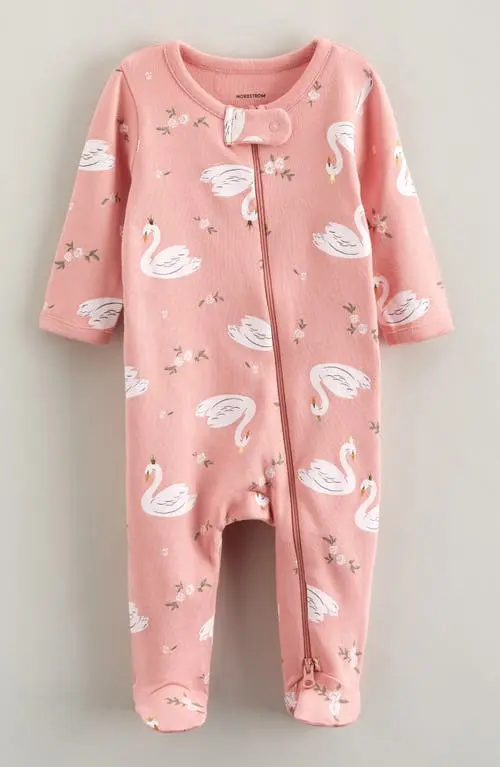 Nordstrom Print Cotton Footie - Pink Beauty Swan Boquet