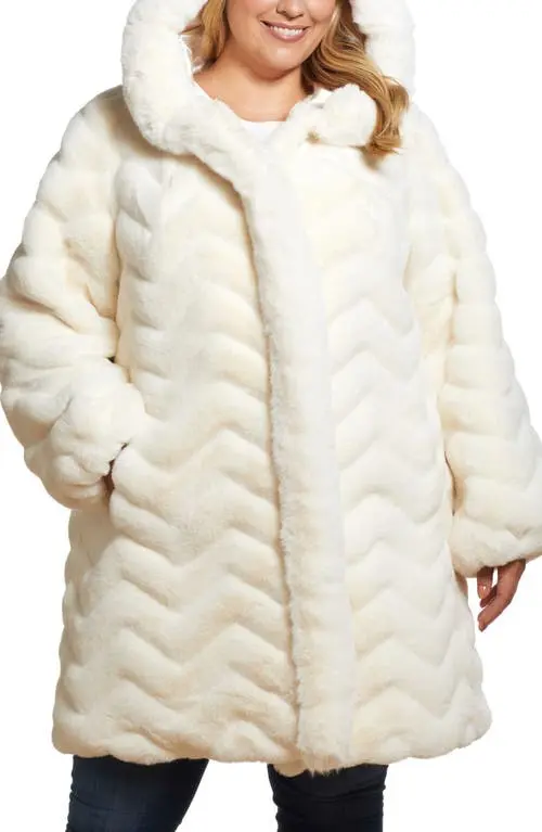 Gallery Chevron Faux Fur Hooded Jacket - Cream