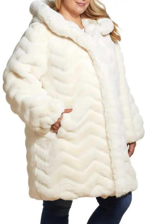 Gallery Chevron Faux Fur Hooded Jacket - Cream