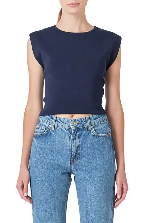 Endless Rose Cutout Padded Shoulder Crop Top - Navy