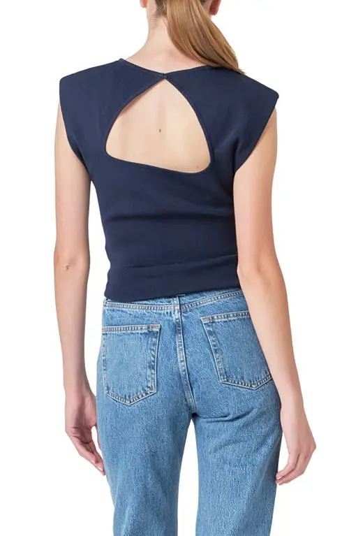 Endless Rose Cutout Padded Shoulder Crop Top - Navy